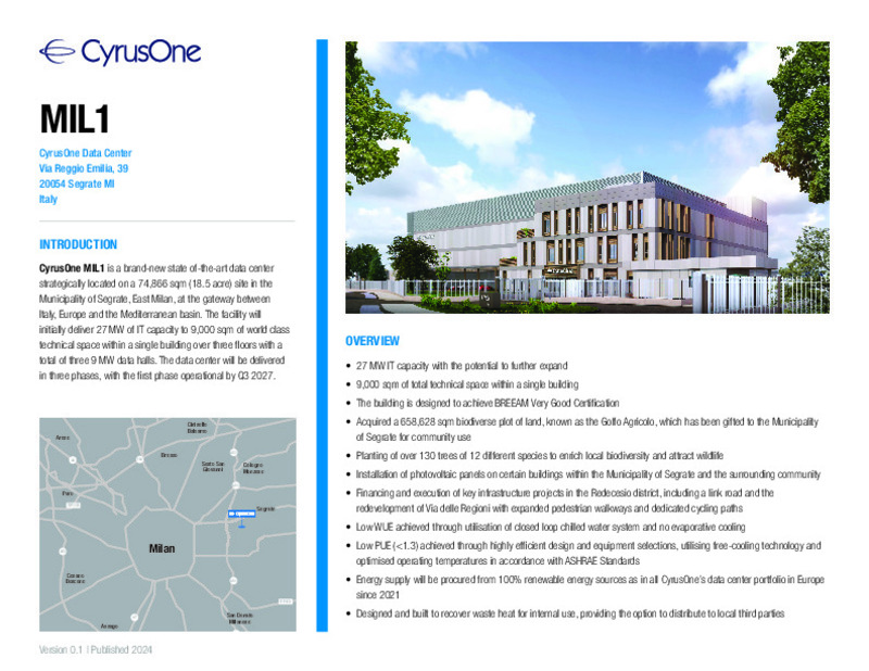 Cyrusone-MIL1-Tech-Spec-101824-v2.pdf - CyrusOne: Milan MIL1 Data Center